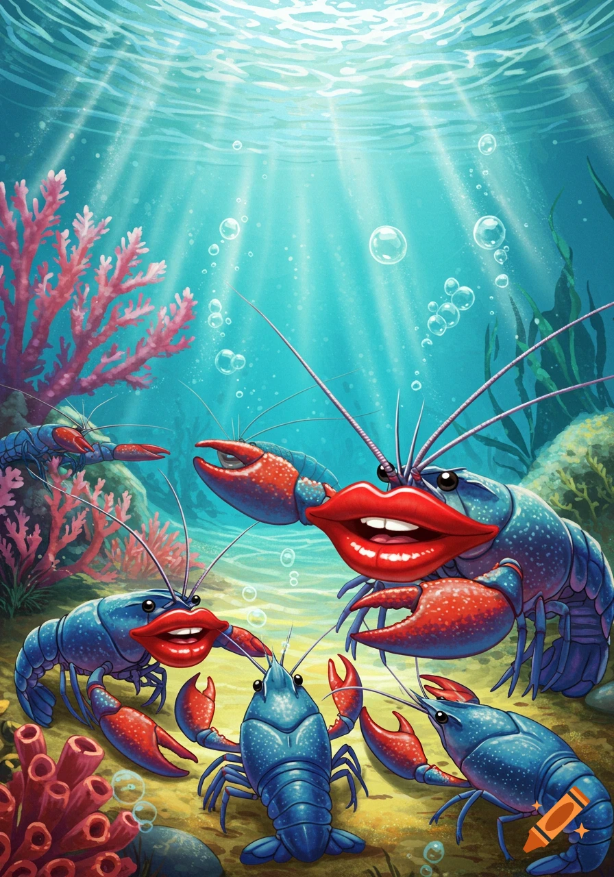 Illustration of happy crayfish with big red lips underwater on Craiyon