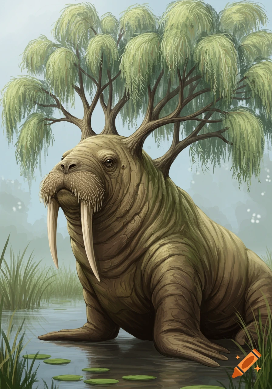 Illustrative fantasy art of a walrus creature with willow trees growing ...
