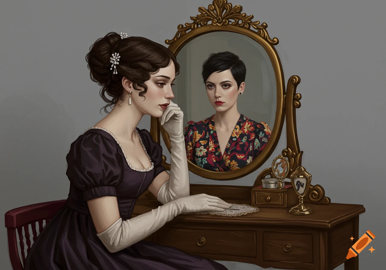 Woman in historical dress looks in mirror, reflection is a modern woman. Painting style. on Craiyon