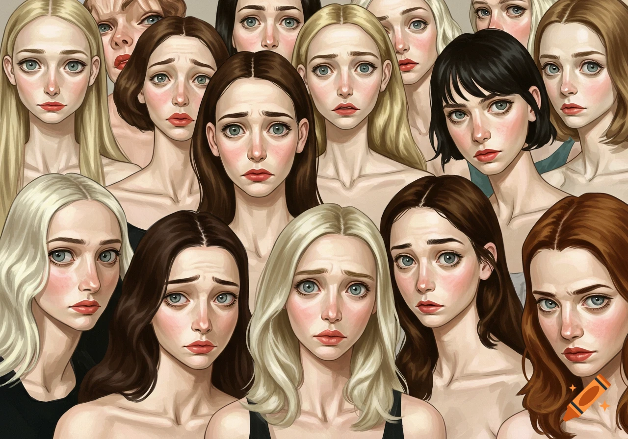 Multiple women with varied hairstyles and confused expressions look ...