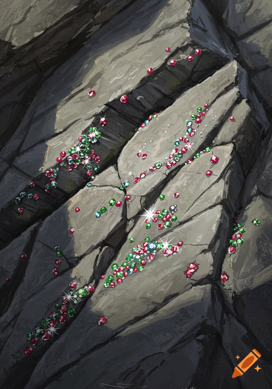 Illustrative painting of a rock face embedded with red and green ...