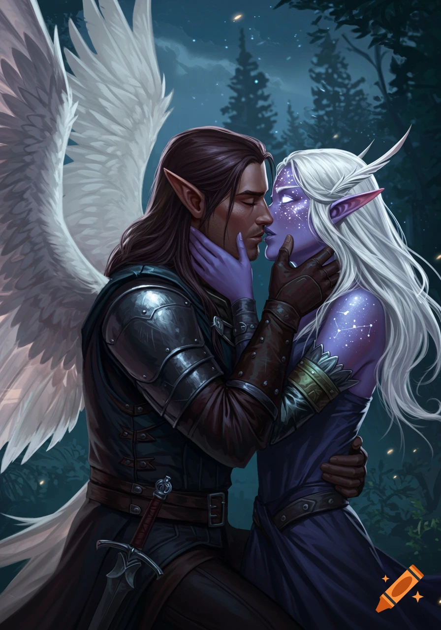 Fantasy illustration of a winged character kissing an elf with starry ...