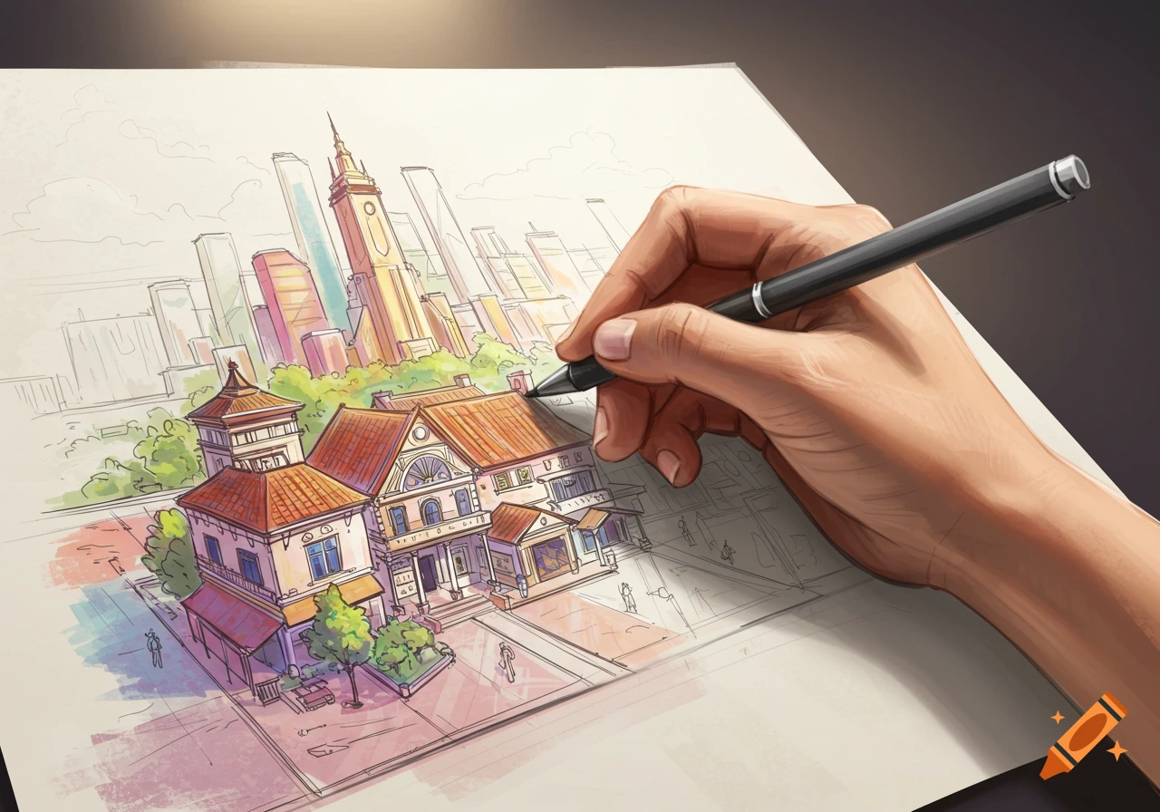 A hand draws a cityscape with colorful buildings on a piece of paper ...