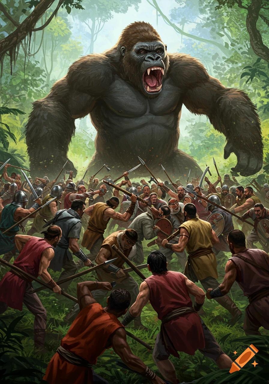 Giant gorilla fights men with spears and swords in a jungle battle. on ...