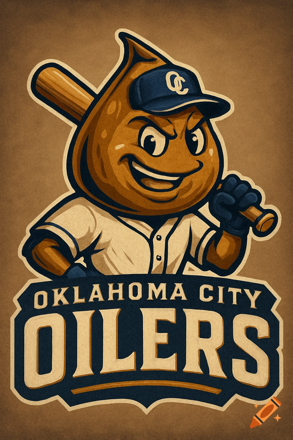 Cartoon oil drop mascot in a baseball uniform holding a bat, with the ...