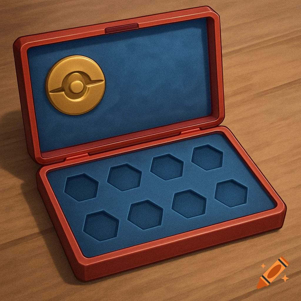 Open red Pokemon badge case with hexagonal slots and gold symbol on ...