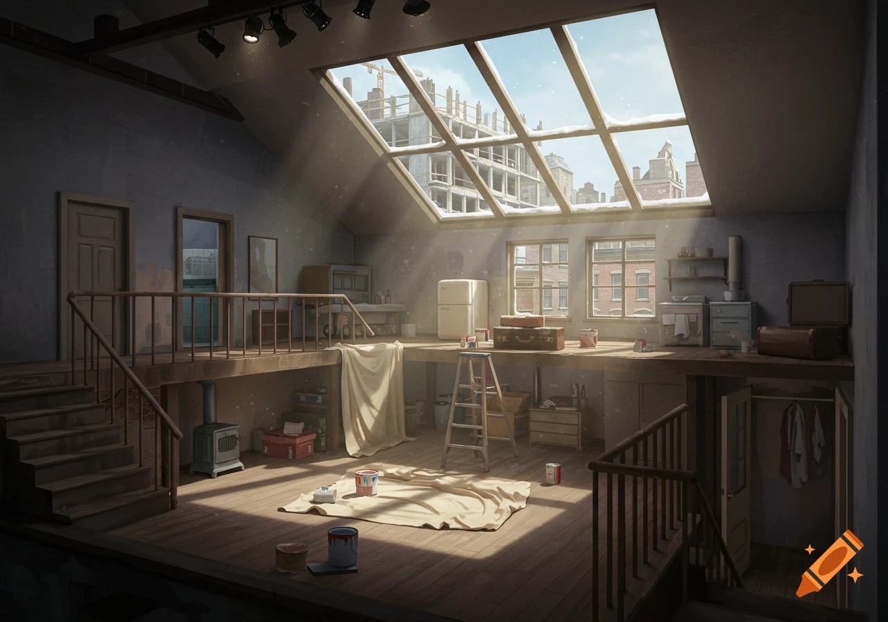 A messy, sunlit artist's studio apartment with a large skylight showing ...