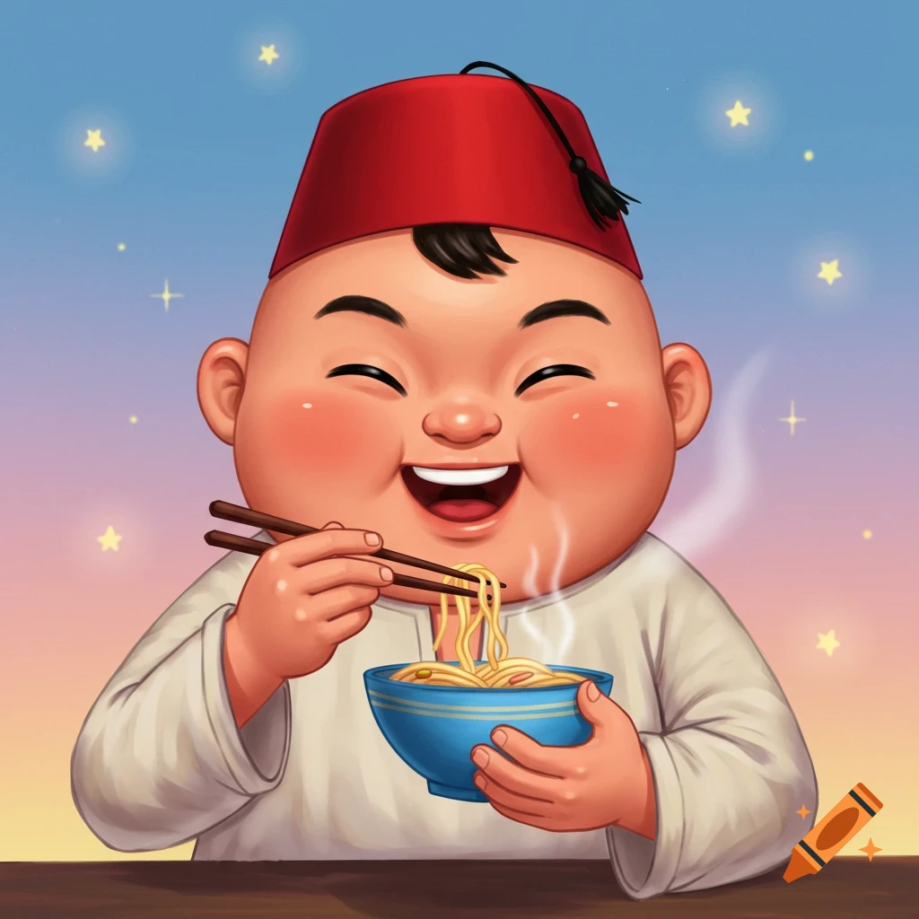 A cartoon illustration of a happy child wearing a red fez and eating ...