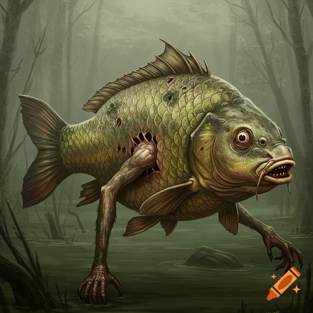 A mutated fish creature with human arms walks through a swamp. on Craiyon
