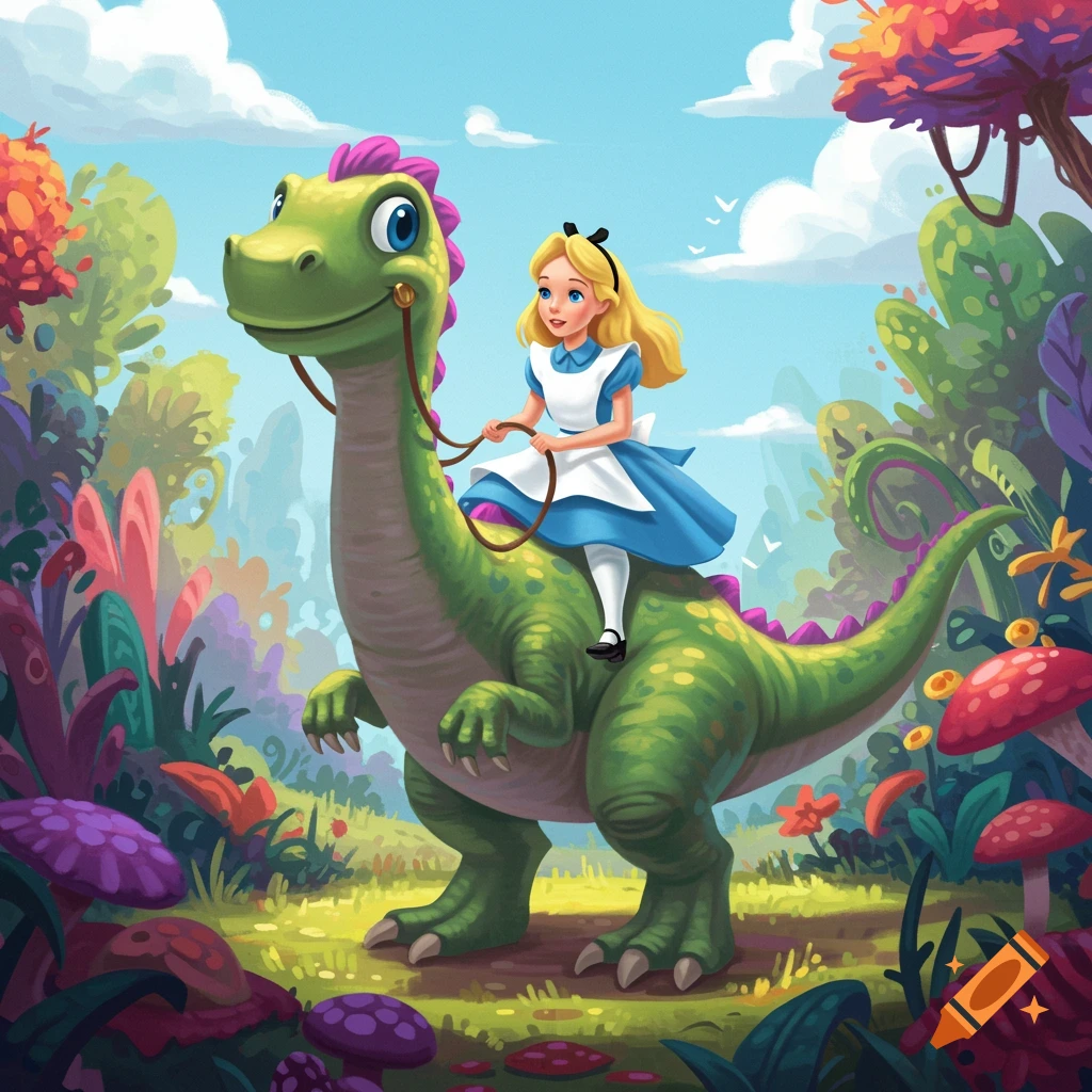 Alice In Wonderland Rides A Green Dinosaur Through A Fantasy Forest
