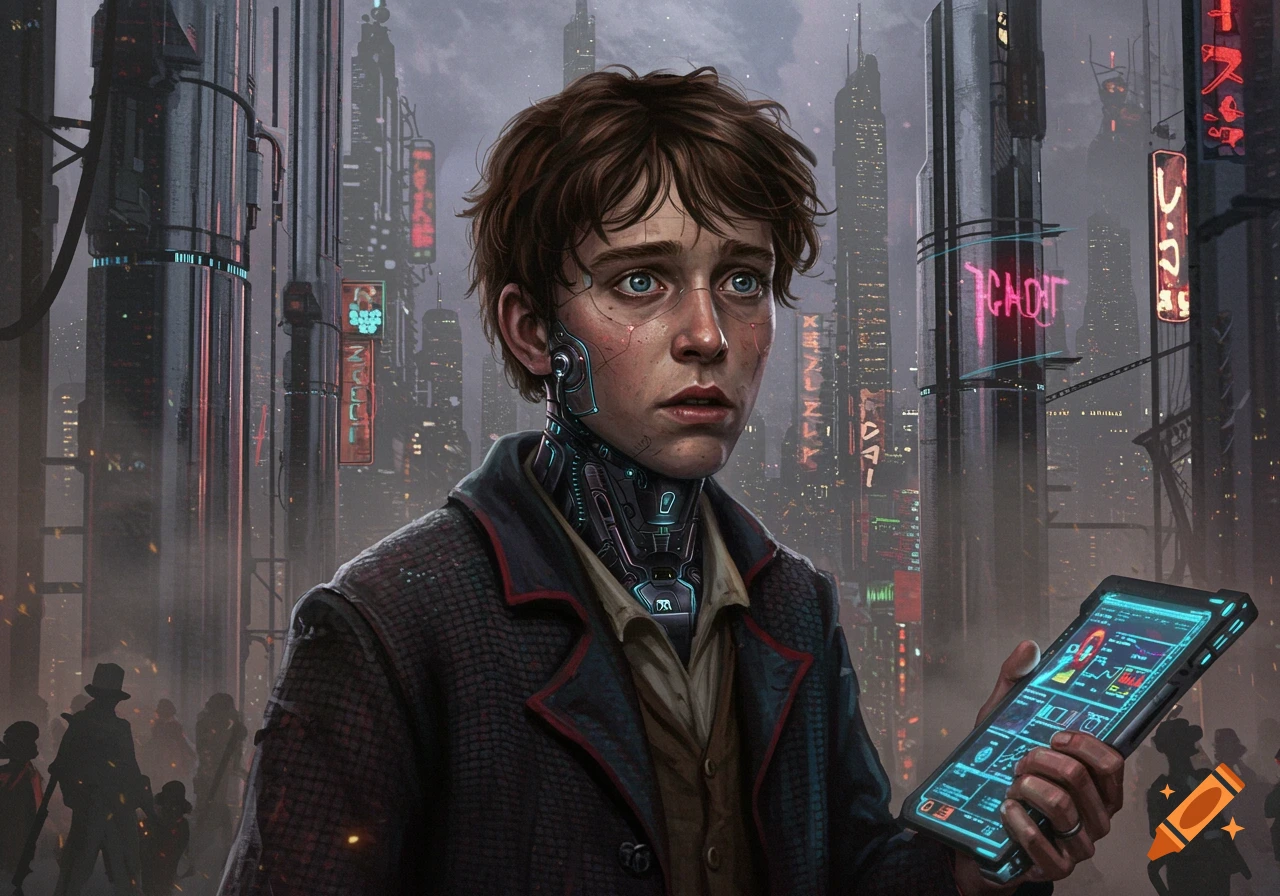 Portrait of a young person with cybernetic enhancements in a futuristic ...
