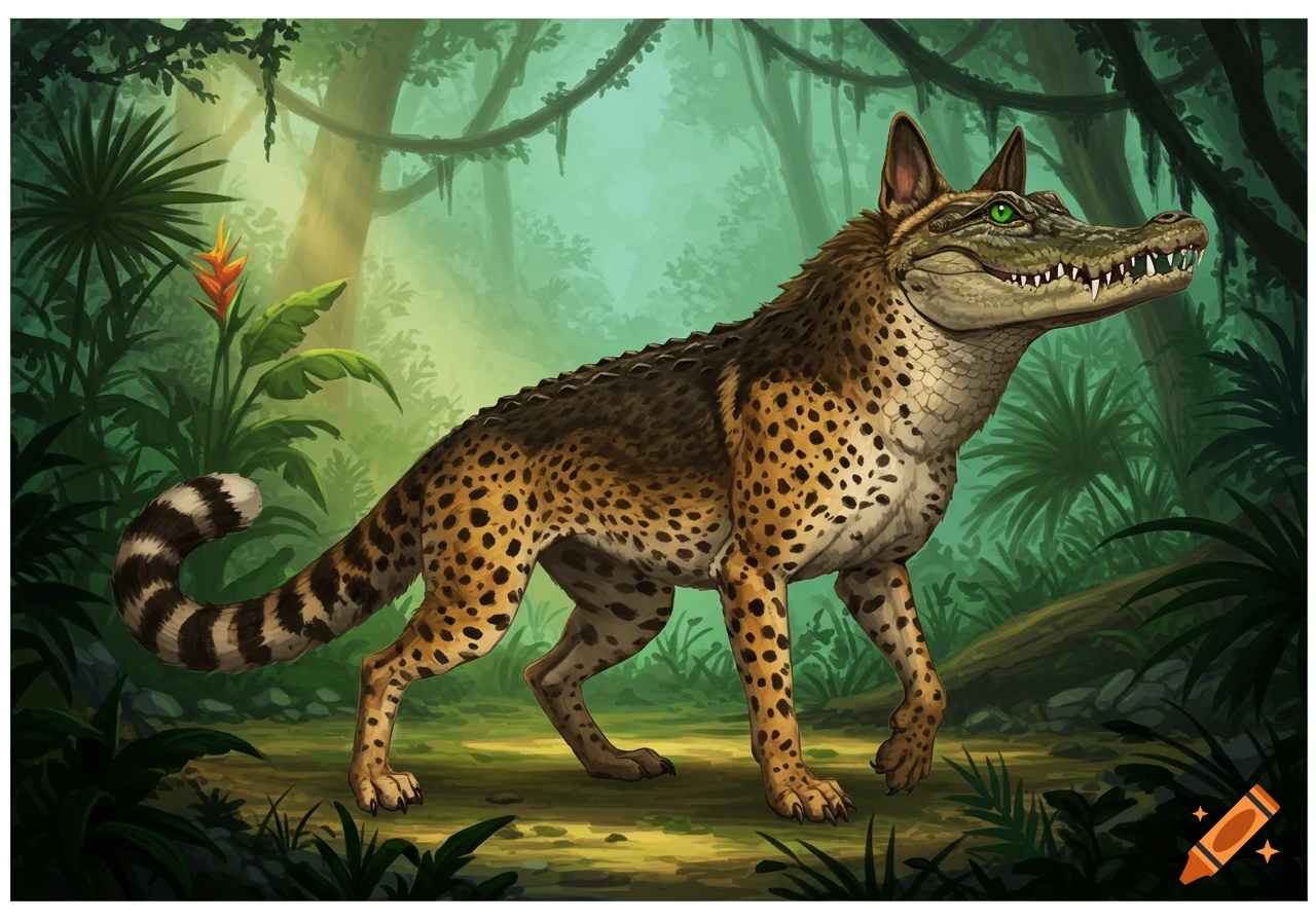A creature with an alligator head and tail, dog body, and cheetah legs ...