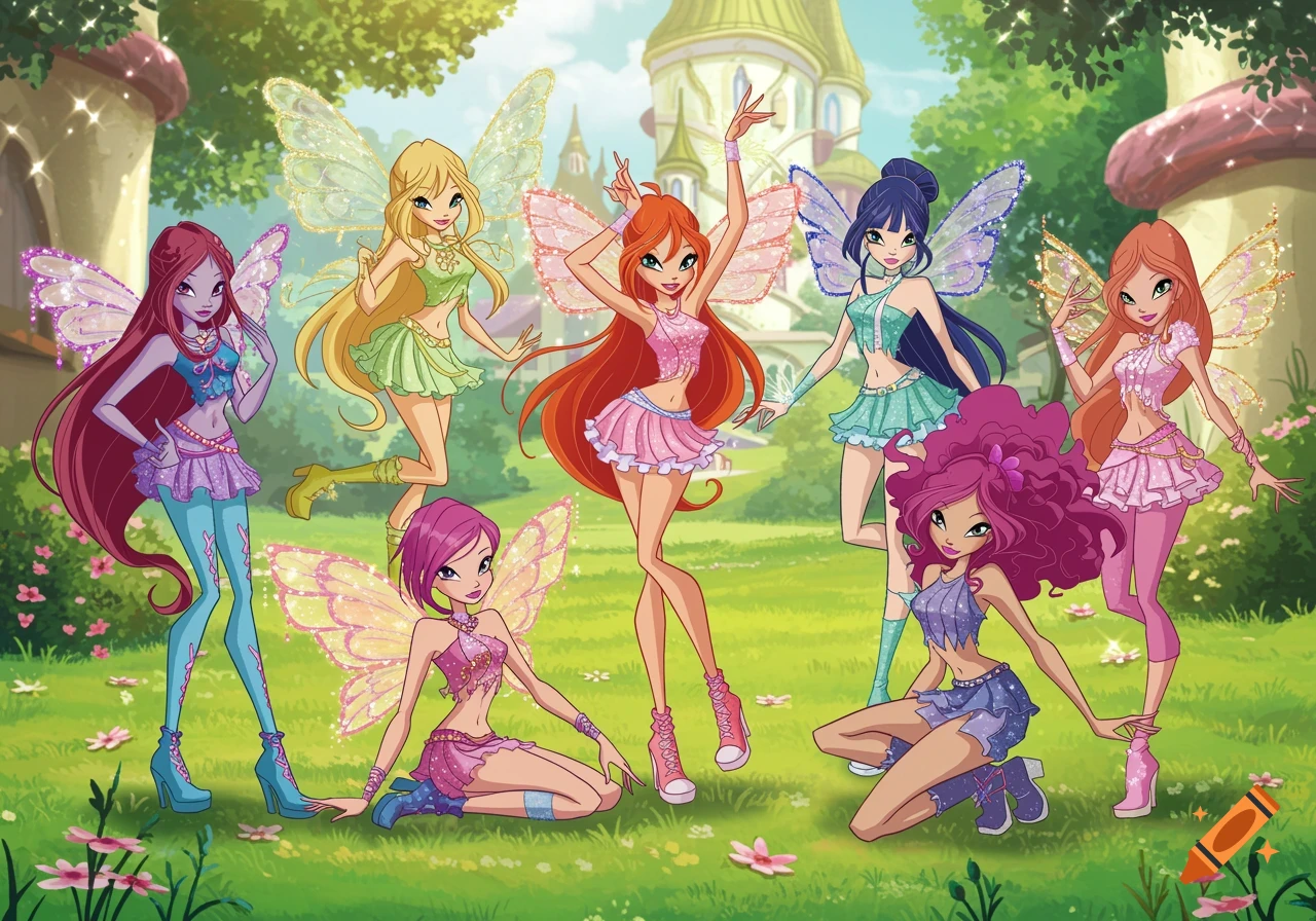 A group of seven colorful cartoon fairies with wings stand and sit in a ...