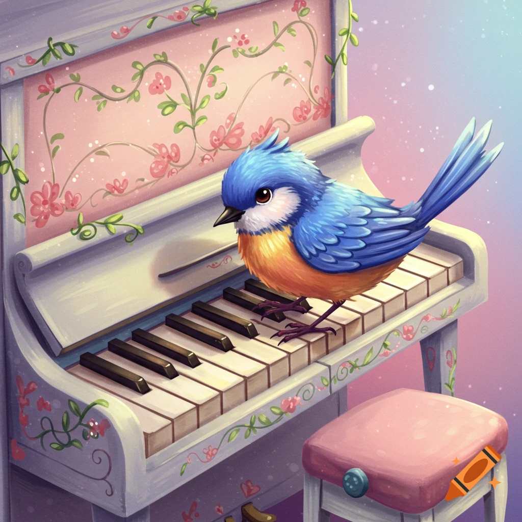 A blue and orange cartoon bird sits on the keys of a decorative white ...