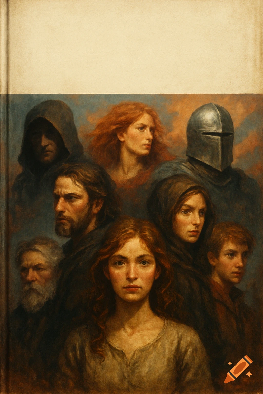 Painted group portrait of fantasy characters on a book cover template ...