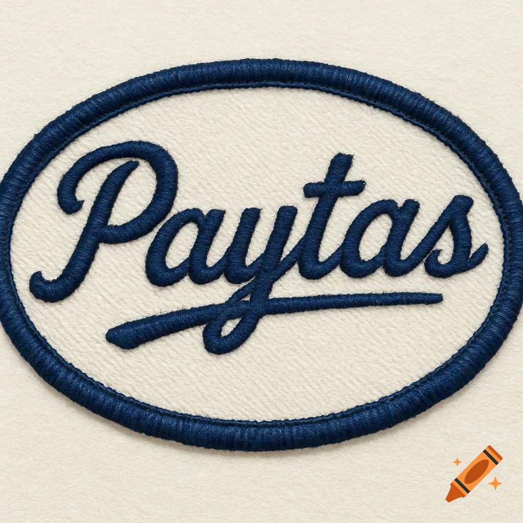 Oval embroidered patch with the word Paytas in dark blue cursive. on ...