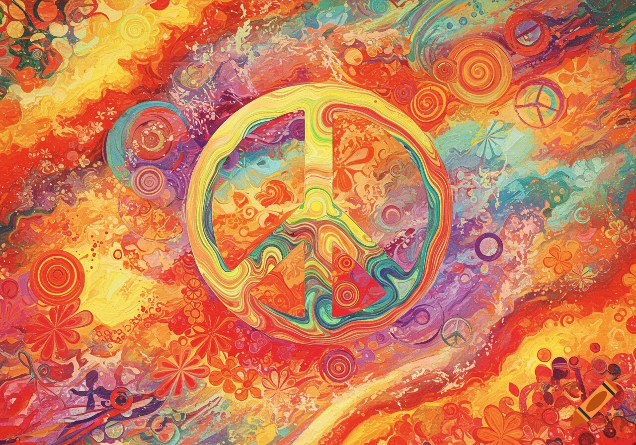 A vibrant, colorful, psychedelic abstract background with a large peace ...