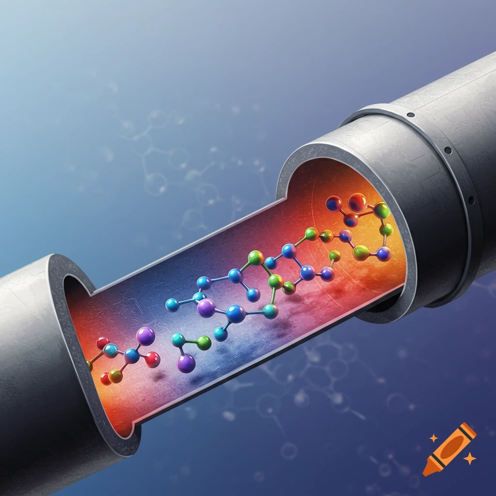 Cutaway of a metal pipe showing colorful molecules flowing through it ...