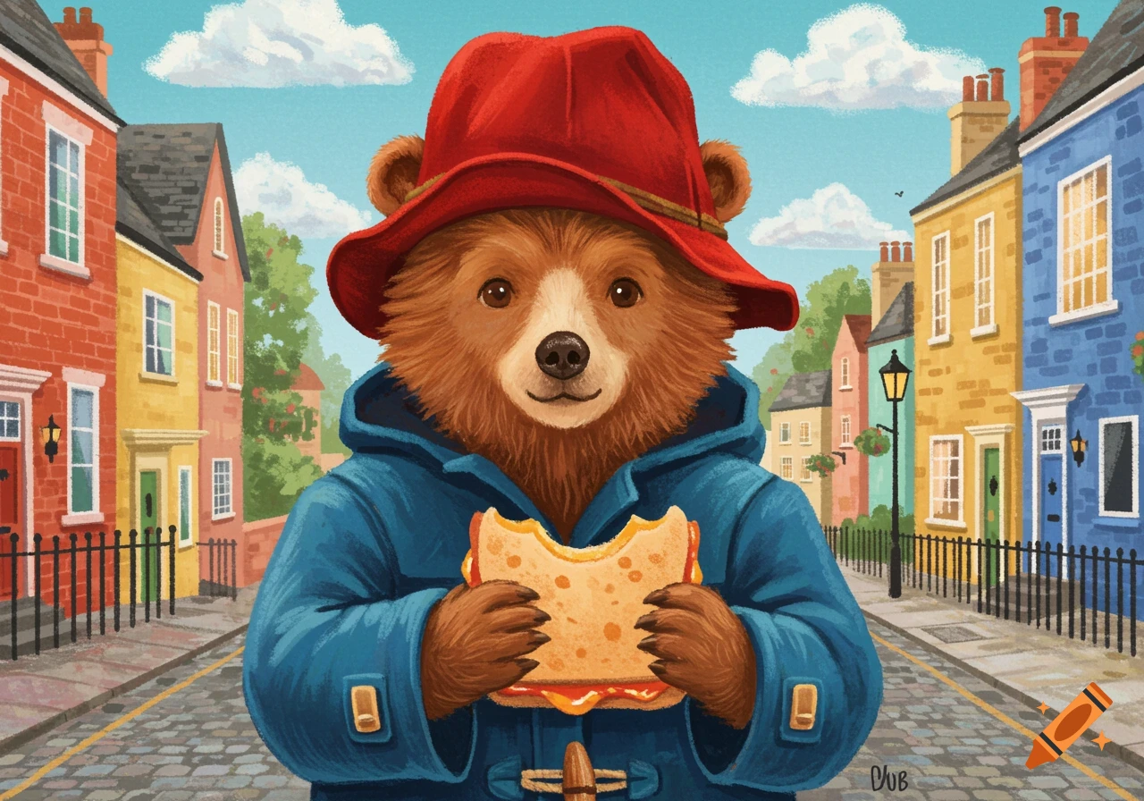 Paddington Bear in a blue coat and red hat stands on a street eating a sandwich, in an ...