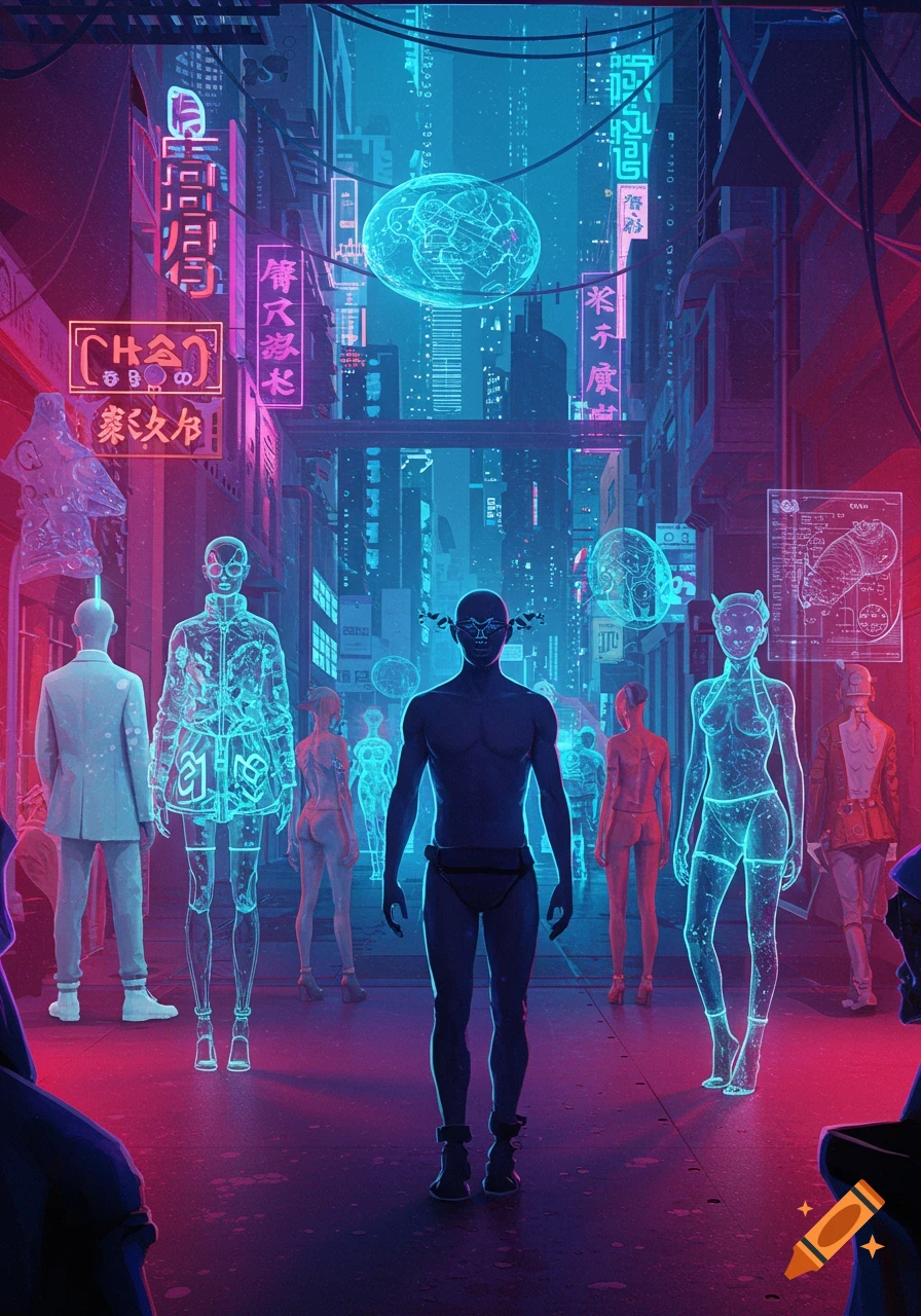 Cyberpunk street scene with neon signs and futuristic figures, some ...