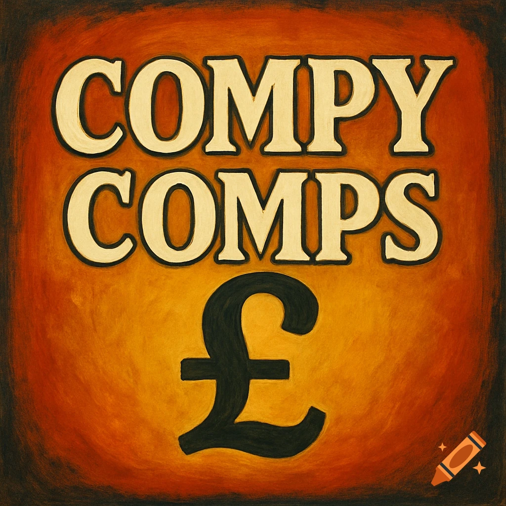 Logo with 'COMPY COMPS' text and a black pound symbol on an orange ...