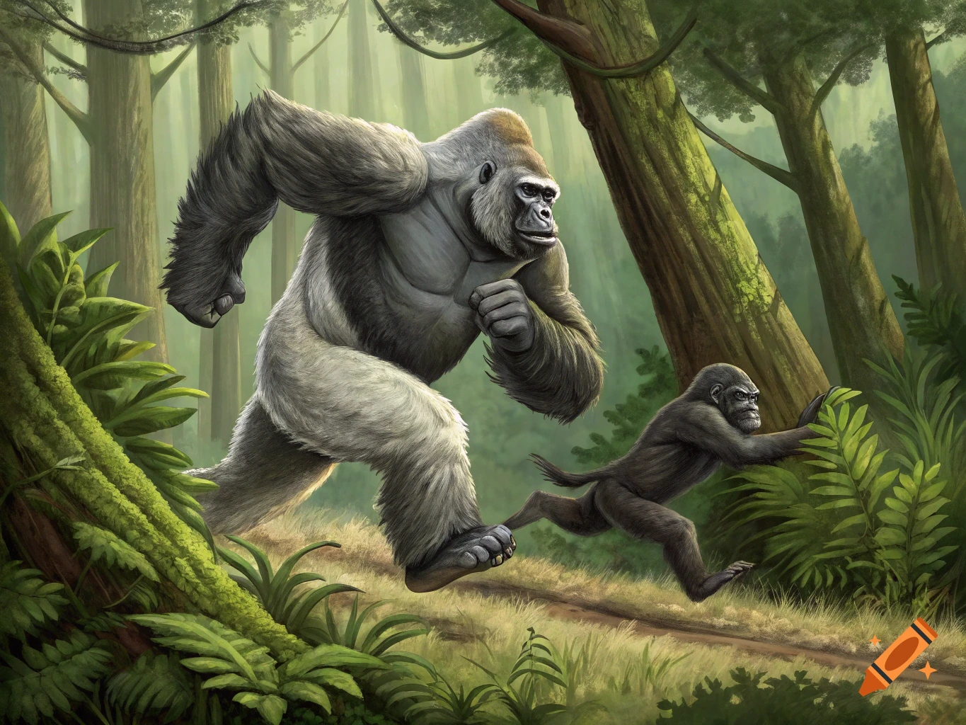 Two gorillas run side-by-side through a jungle. on Craiyon