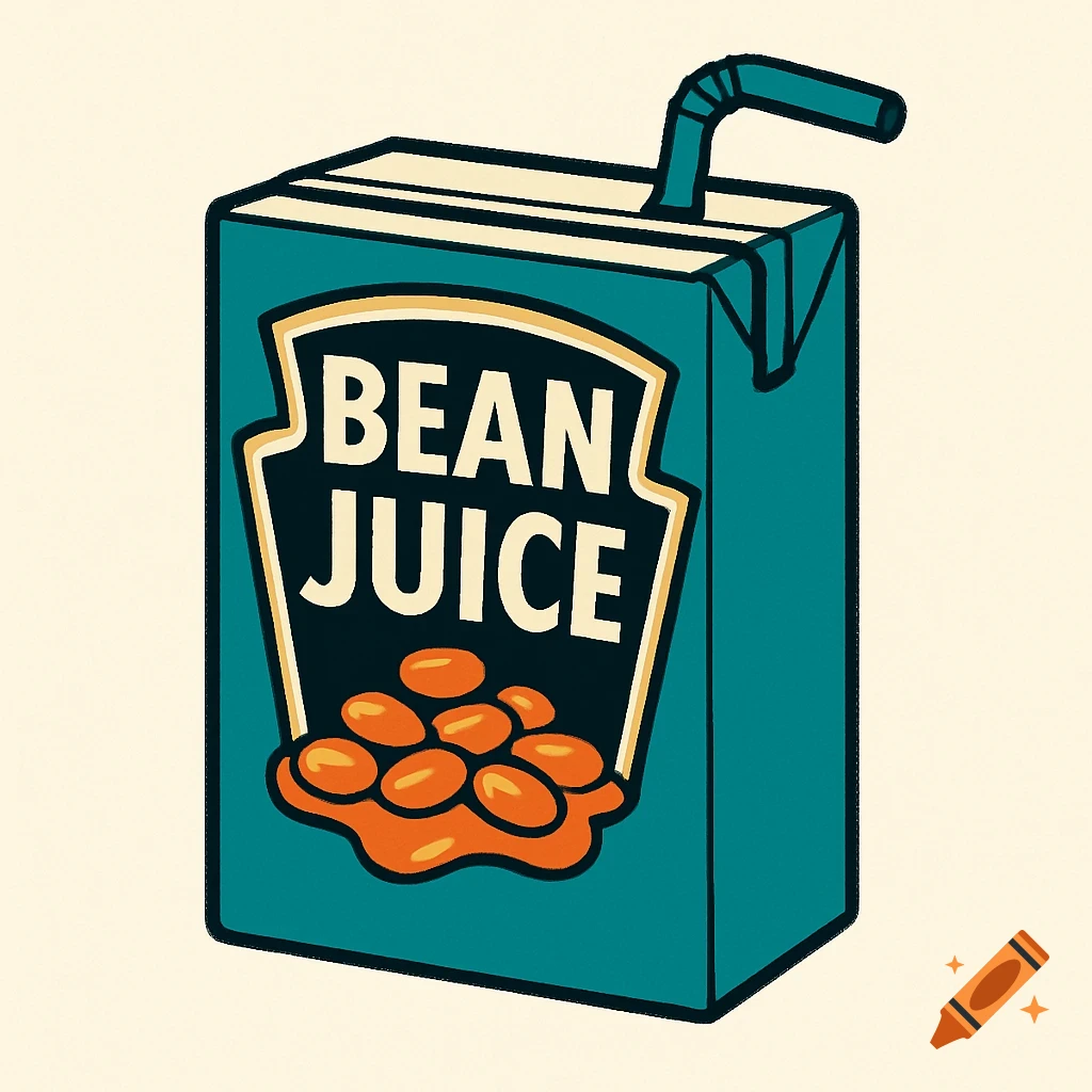 Cartoon illustration of a teal juice box labeled "BEAN JUICE" with ...