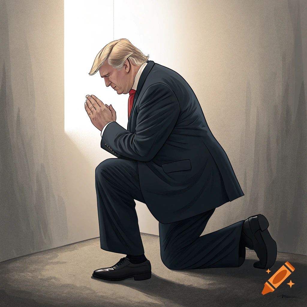 Donald Trump kneels and prays in a room with light coming from a window ...