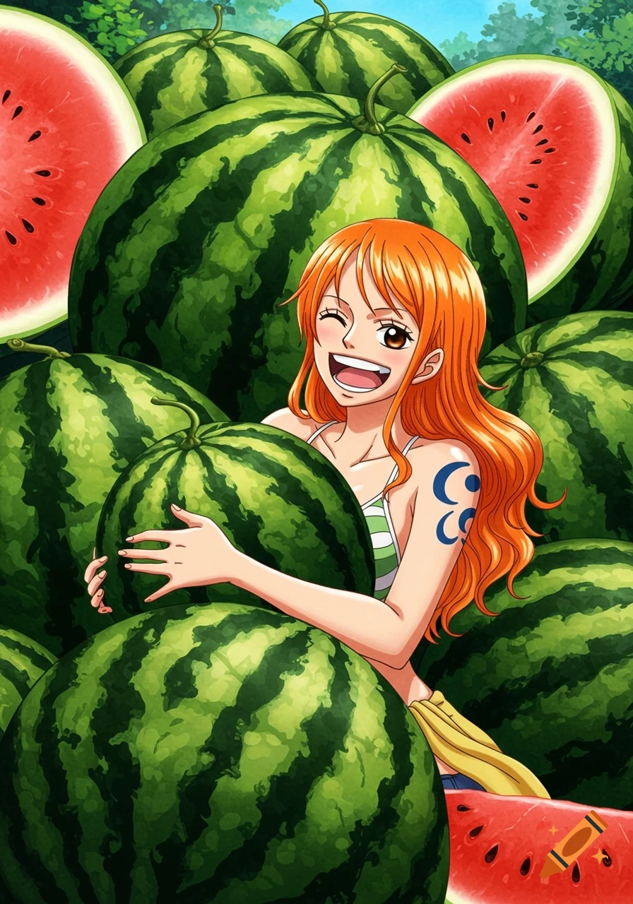 Anime illustration of Nami from One Piece smiling among large ...