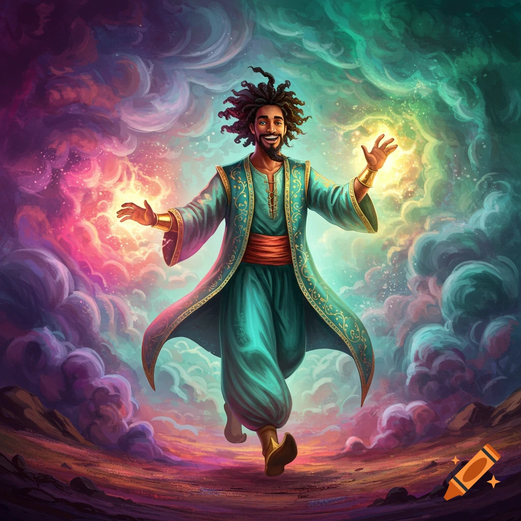 A genie walking in a magical, colorful landscape, digital painting ...