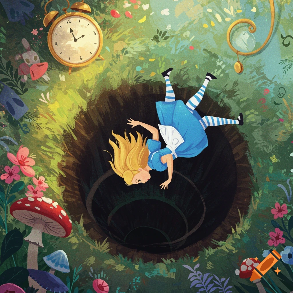 Cartoon illustration of Alice falling down a dark rabbit hole ...