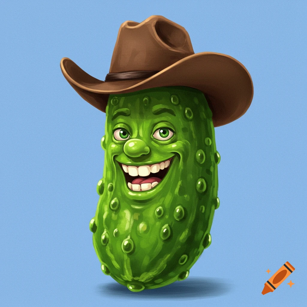 Cartoon pickle character wearing a cowboy hat and smiling on Craiyon