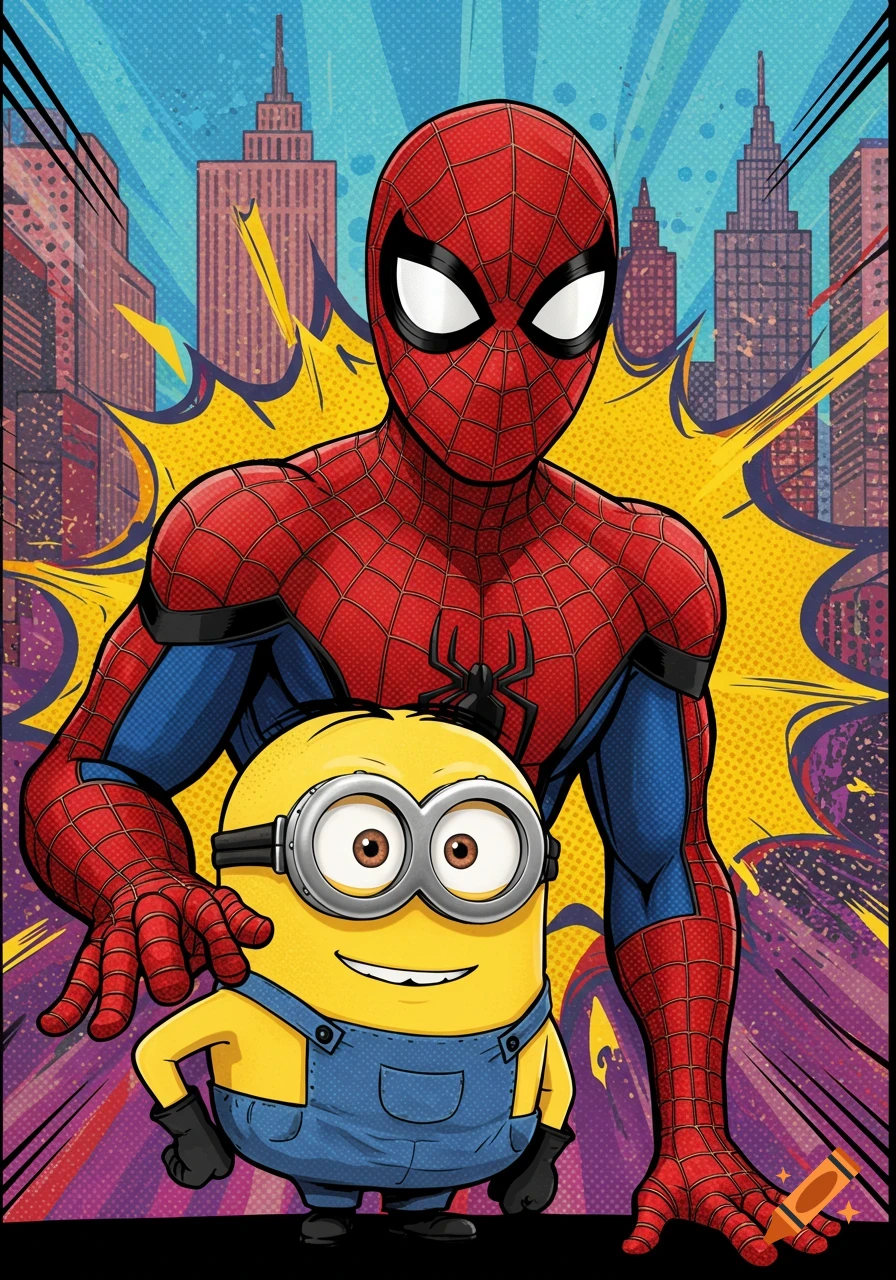 Spider-Man and a Minion stand together in a comic book style city. on ...