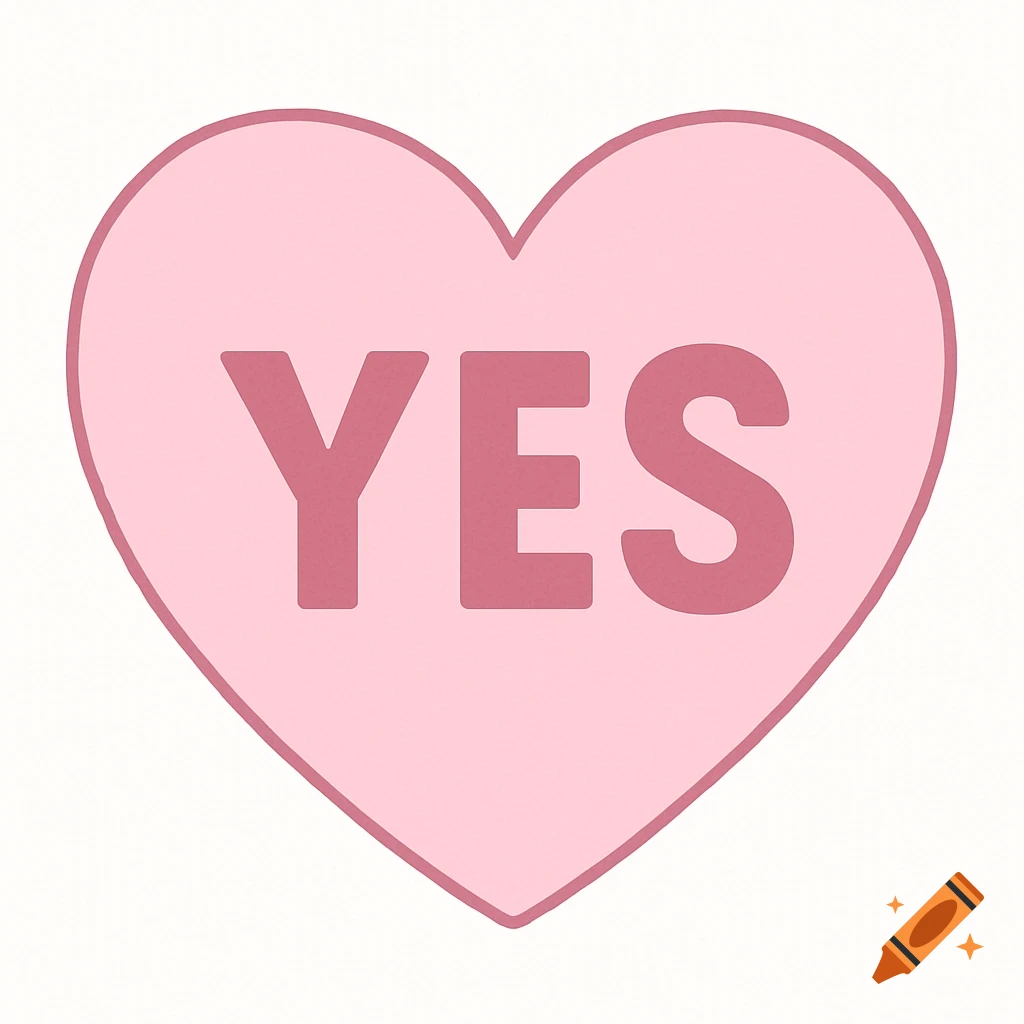 A pink heart with the word YES written in block letters inside. on Craiyon