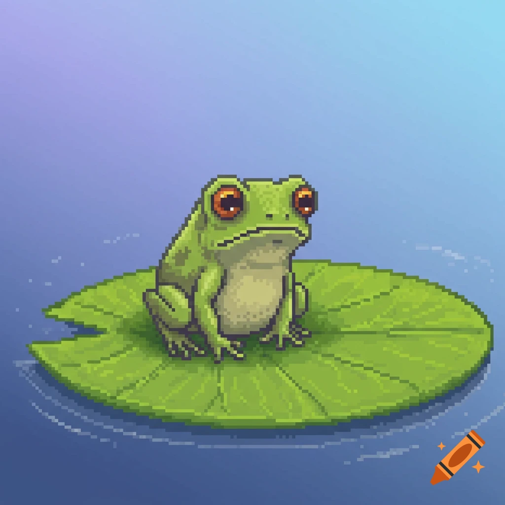 Pixel art frog sitting on a lily pad on water. on Craiyon