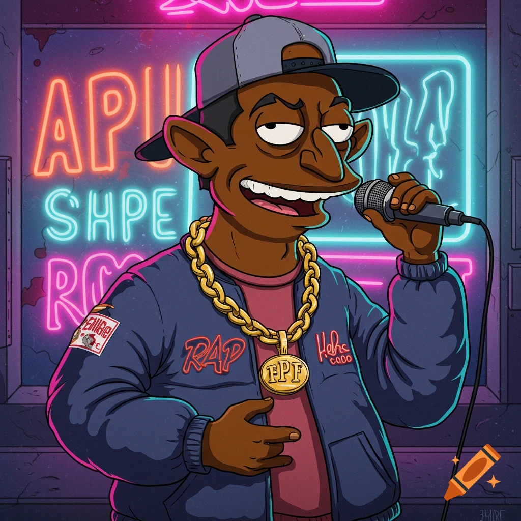 Simpsons-style cartoon character dressed as a rapper with a microphone ...