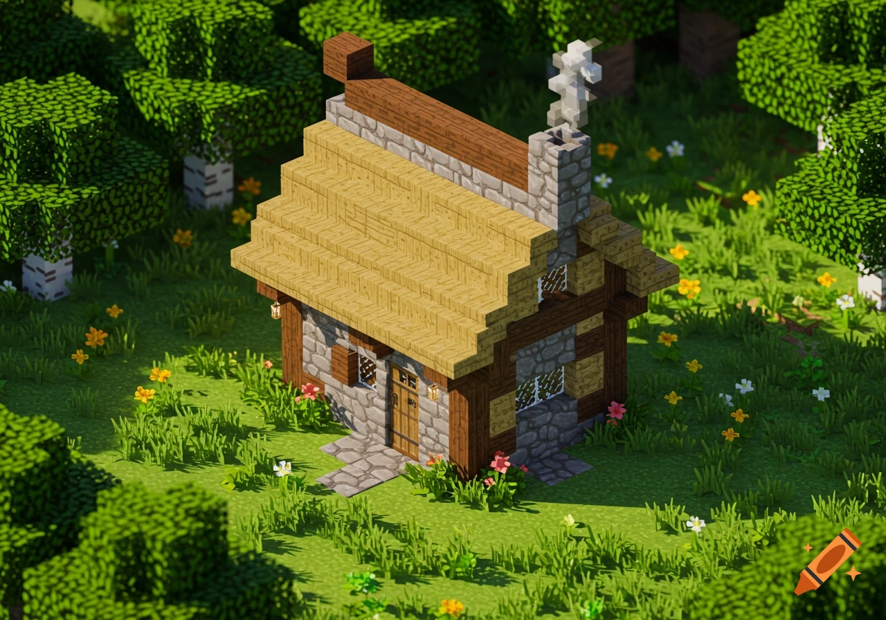A Minecraft-style blocky house in a sunny grassy landscape with trees ...