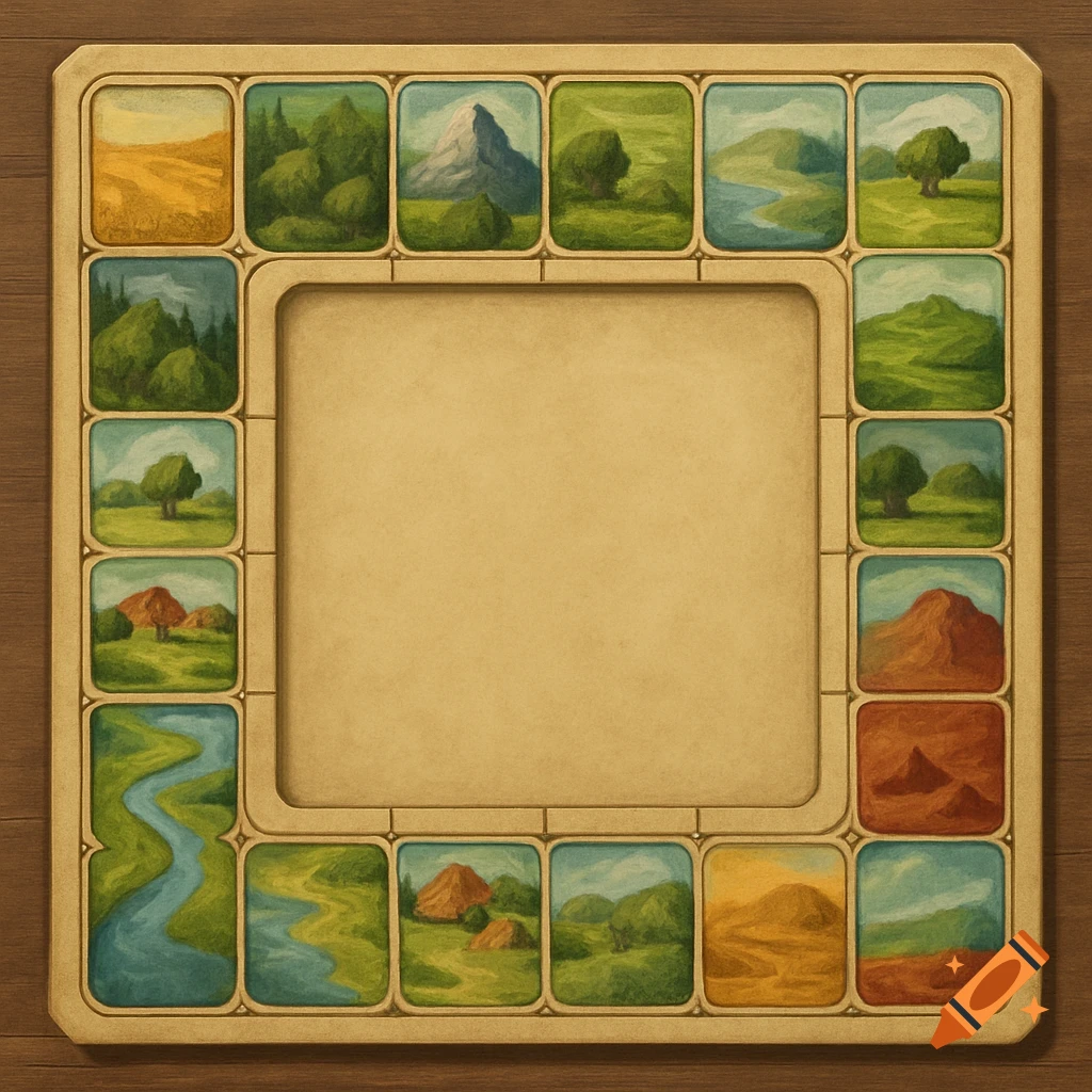 A top-down view of a square board game layout with a large central area ...