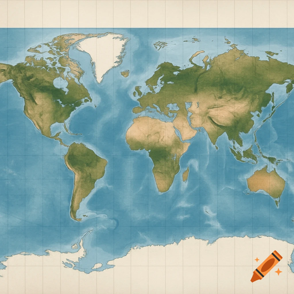A Mercator projection map of the Earth showing continents and oceans on ...
