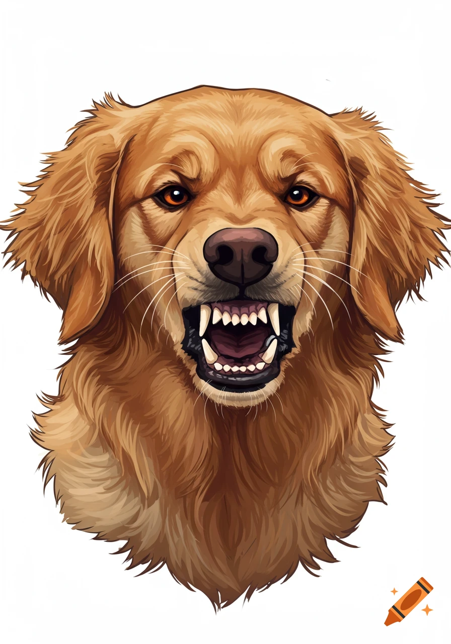 Illustration of a snarling golden retriever dog's head on Craiyon
