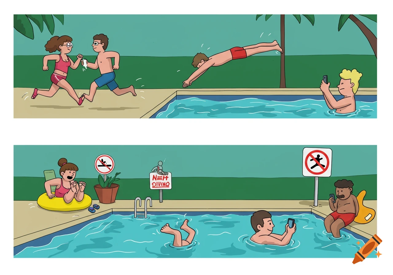 Cartoon pool party with people running, diving, swimming, and using ...