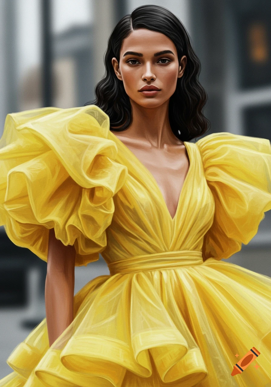 Editorial portrait of a model in a dramatic yellow ruffled dress on Craiyon