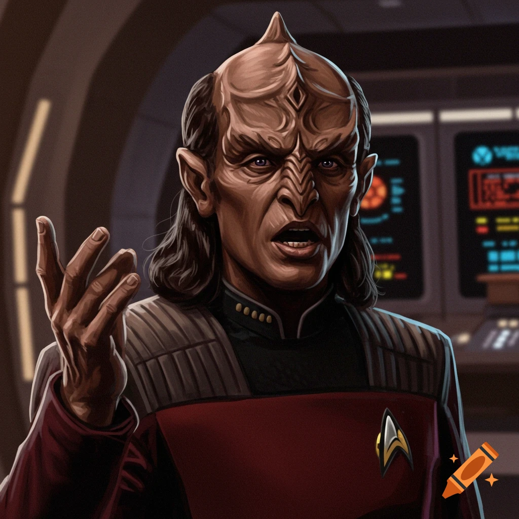 Illustration of a Klingon in a Starfleet uniform gesturing. on Craiyon