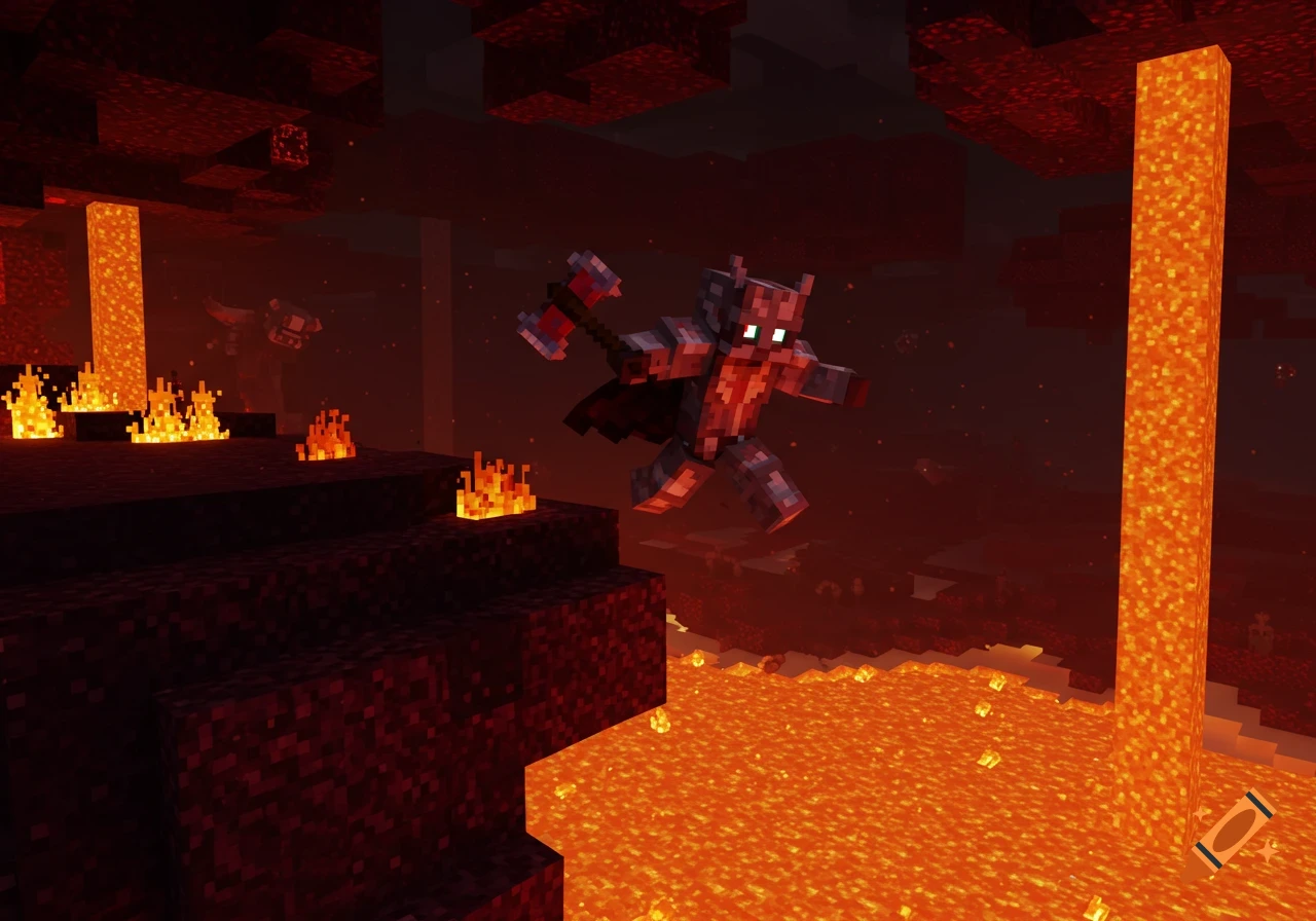 A pixelated creature with horns and an axe jumps over lava in a ...