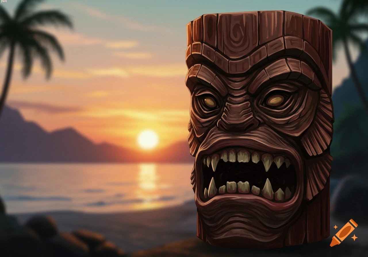 A detailed wooden tiki mask sits in front of a blurred tropical beach ...