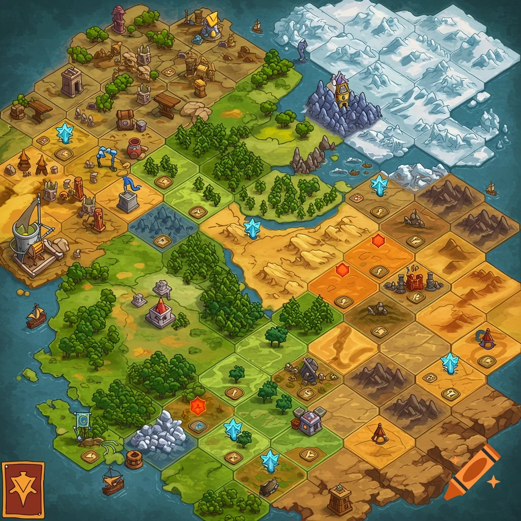 Isometric hexagonal board game map showing different terrains like ...