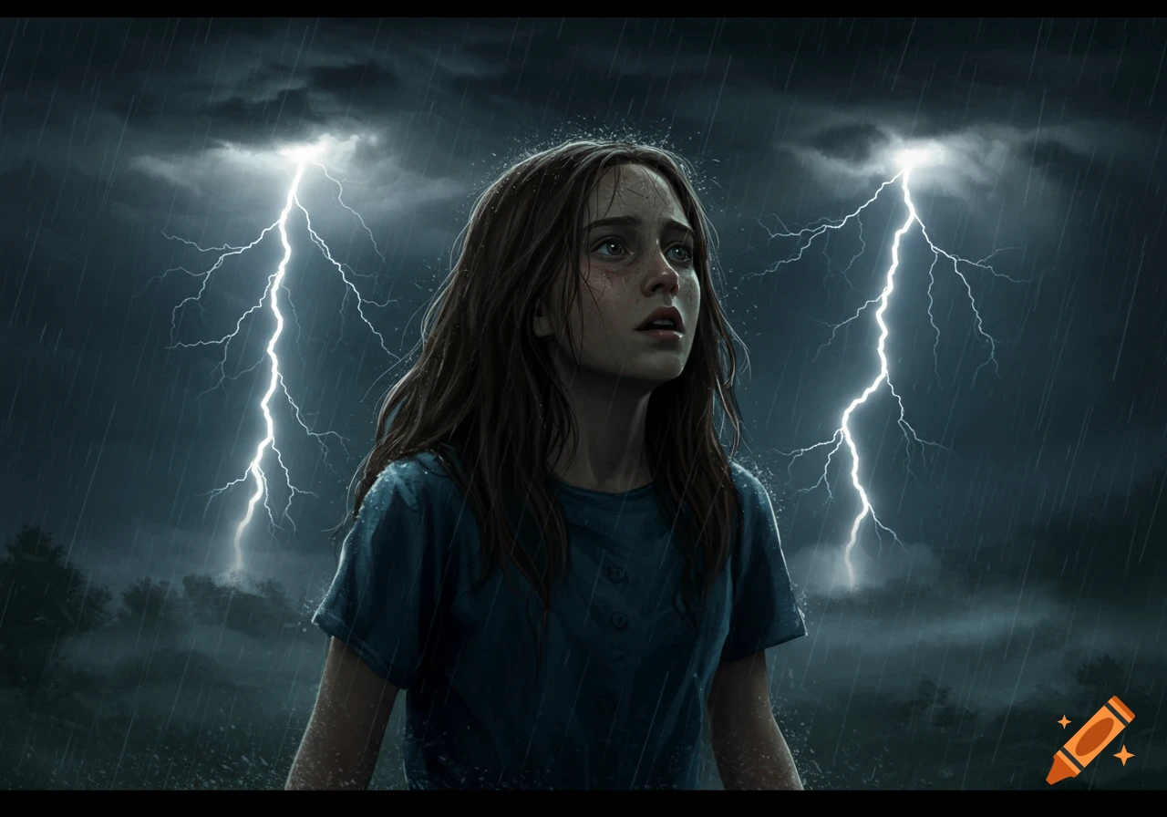 A young girl looks up with a scared expression during a thunderstorm ...