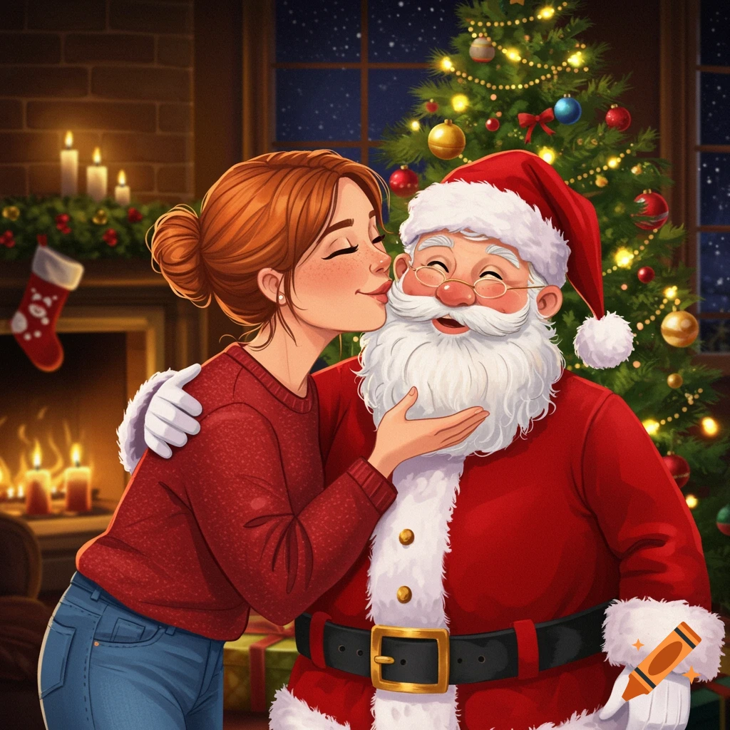 Woman kisses Santa Claus on the cheek by a Christmas tree and fireplace ...