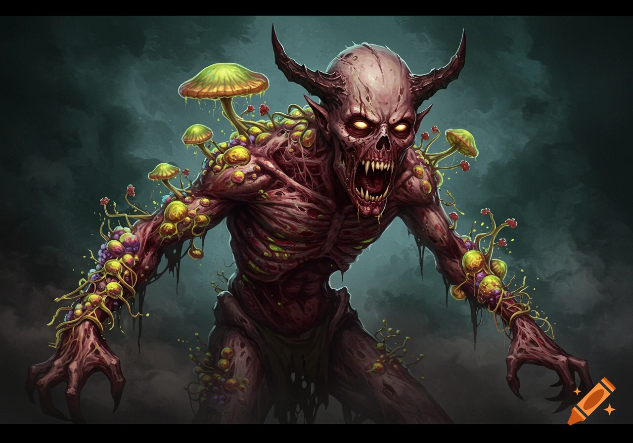 A grotesque fungus-covered demon creature with horns, glowing eyes, and ...