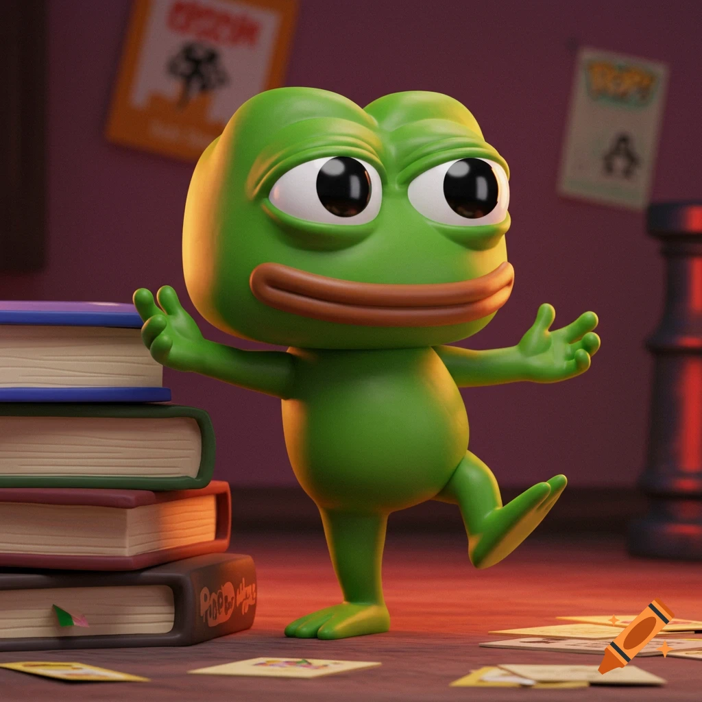 A 3D render of a green Funko Pop-style Pepe the Frog standing on one ...
